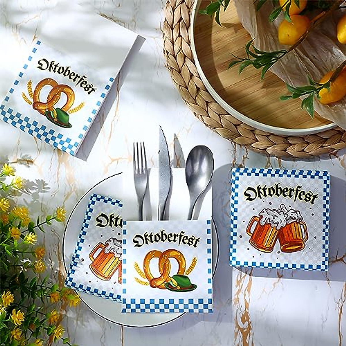 Uiifan 72 Pieces Oktoberfest Silverware Holders and Cocktail Napkins Set 36 Oktoberfest Paper Luncheon Napkins 36 Cutlery Holders for German Bavarian Beer Party Dinnerware Decoration Supplies