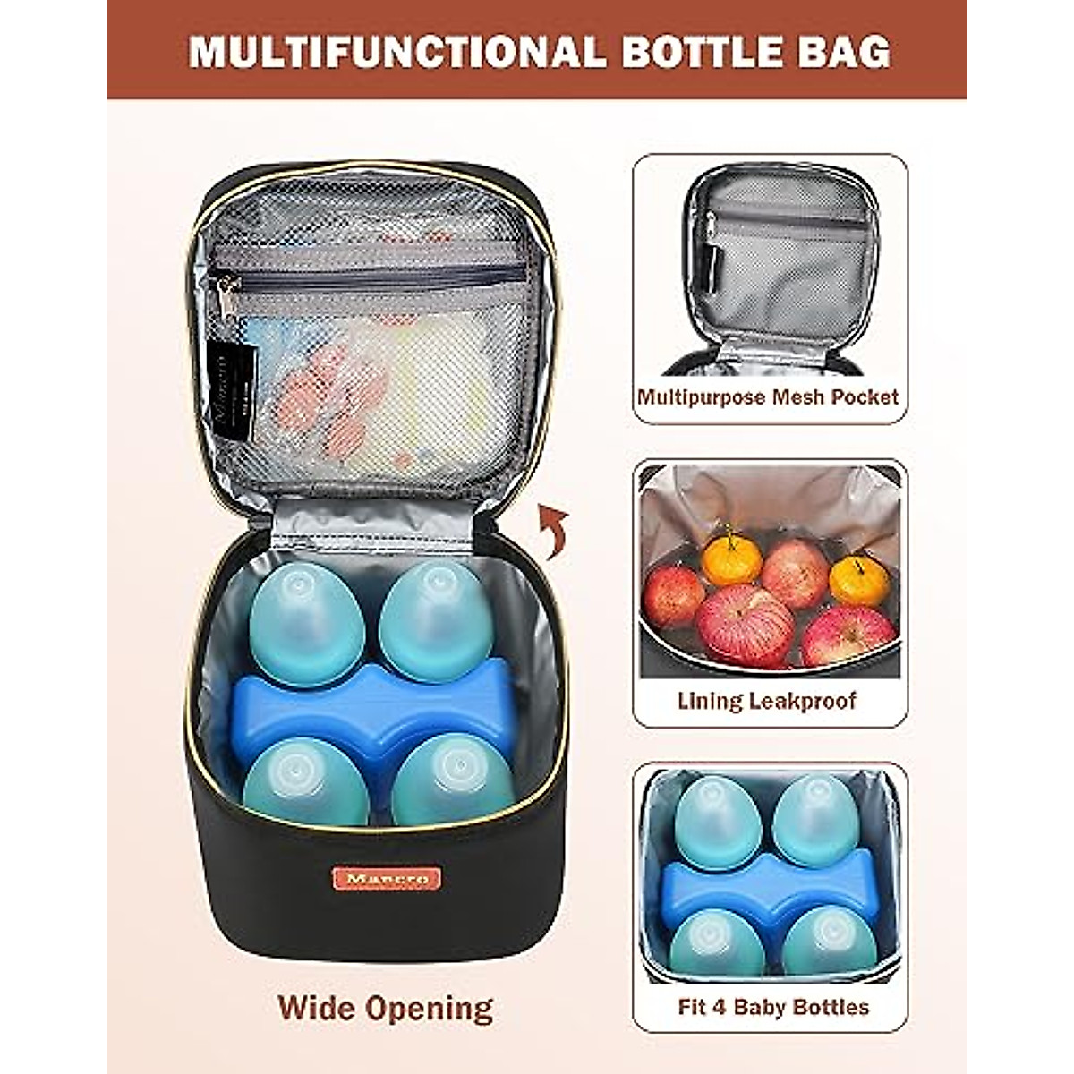 Breastmilk Cooler Bag with Ice Pack Fits 4 Baby Bottles Up to 5 Ounce, Mancro Insulated Baby Bottle Bag for Nursing Mom Daycare, Easily Attaches to Stroller, Black