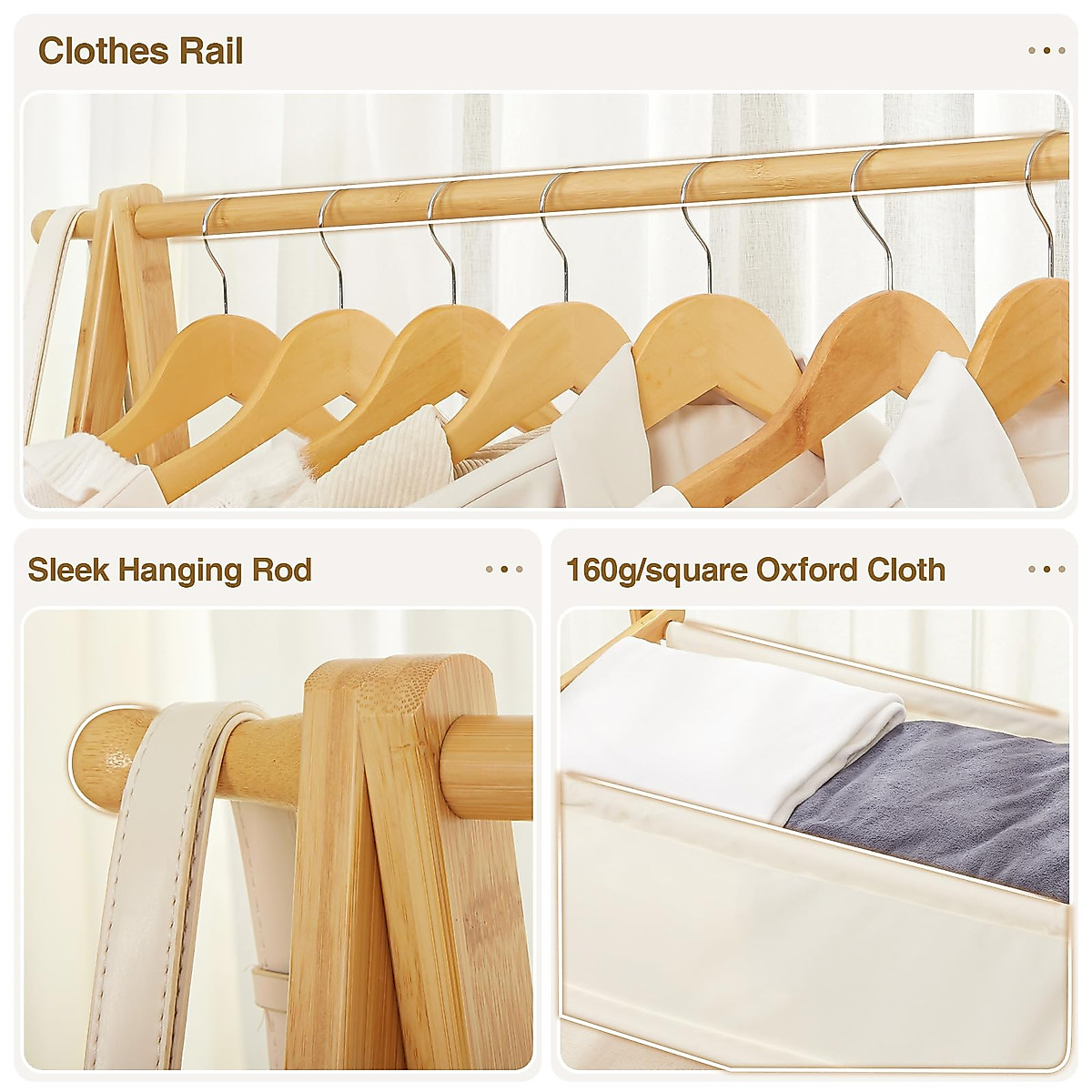 Cozivolife Bamboo Clothes Rack with Storage Box, Garment Rack Clothing Racks for Hanging Clothes, Foldable Wardrobe Storage Rack for Entryway and Bed Room (Natural)