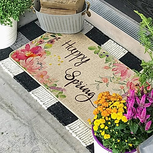 Artoid Mode Peony Flowers Happy Spring Doormat, Seasonal Home Decor Holiday Low-Profile Floor Mat Switch Mat for Indoor Outdoor 17 x 29 Inch