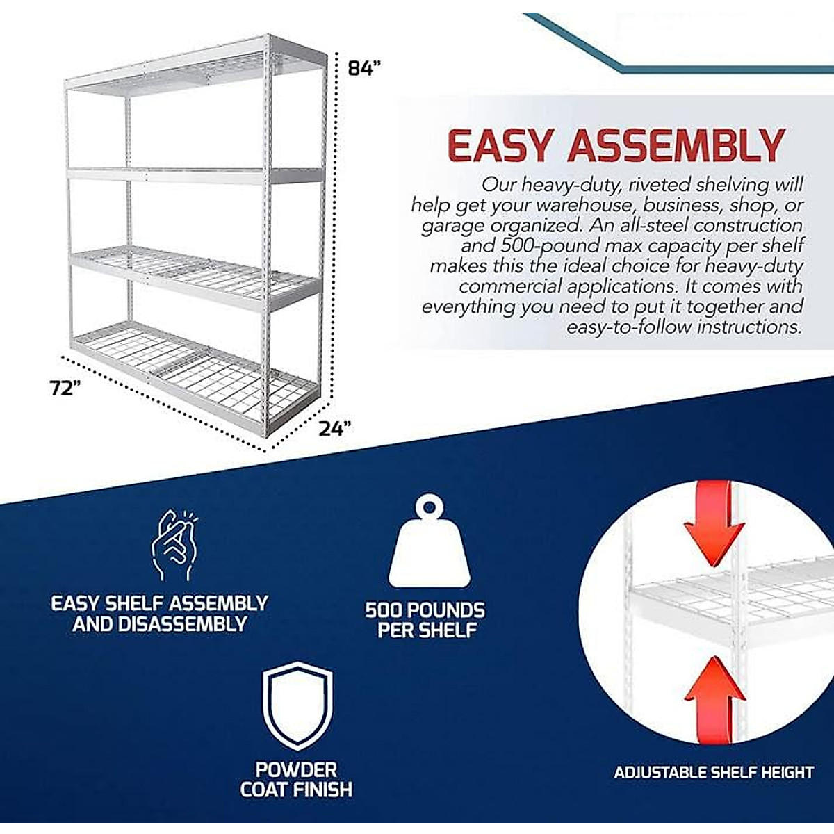 MonsterRax Heavy Duty Garage Shelving - 24" x 72" x 84" - 500 lbs/Shelf - Adjustable 4 Tier Metal Utility Shelves - High Grade Steel Freestanding Storage Rack for Warehouse, Basement - White Finish