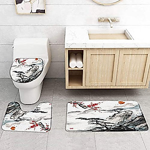 3 Piece Asian Decor Bathroom Mats Set Red Plum Blossom Floral Branch Tree Japanese Chinese Oriental Sun Misty Mountains Ink Spring Scenery Bathroom Mat Toilet Contour Mat Lid Cover Non-Slip Bath Mat .