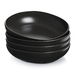 Teocera Pasta Bowls, Salad Bowls Set, Large Serving Bowls, 50 Ounce Porcelain Matte Black Bowls Set of 4 - Square Design, Microwave Dishwasher Safe