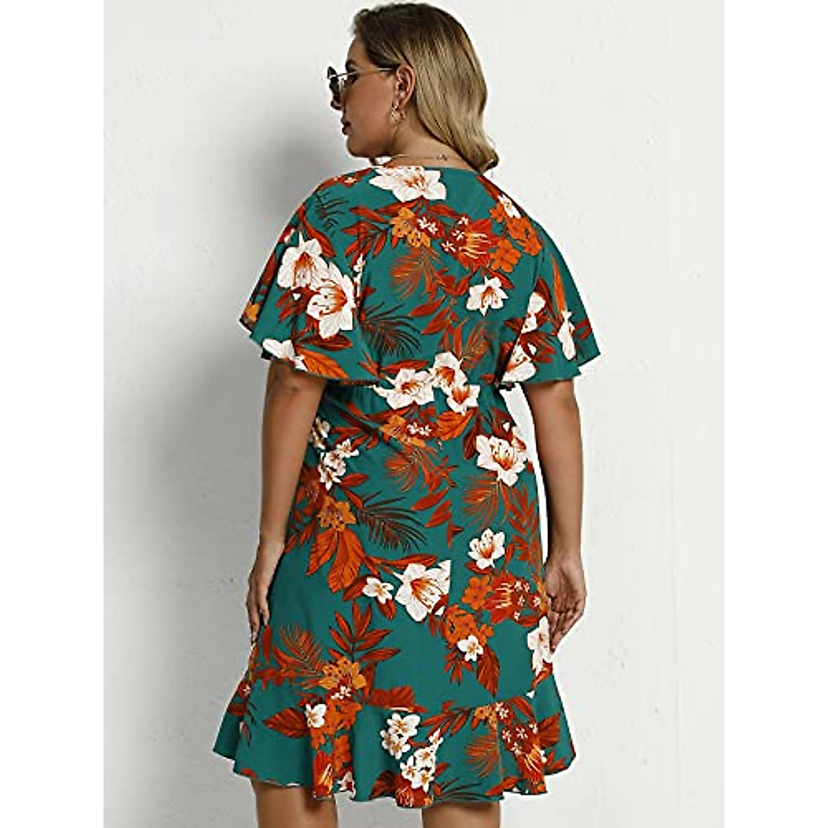 Floerns Women's Plus Size Striped Print Wrap V Neck Short Sleeve A Line Dress Green Multi 1XL