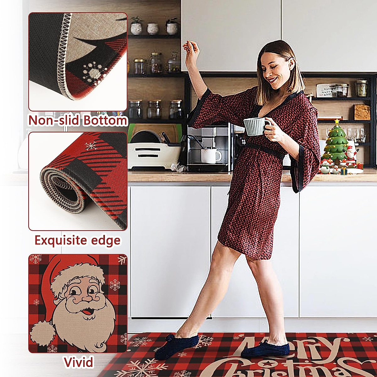 Yinhua Christmas Kitchen Rugs and Mats, Non Skid Red and Black Plaid Washable Kitchen Mats for Floor, Santa Claus Absorbent Kitchen Mats for Kitchen Floor Xmas Decor Gift 17x30 and 17x47 Inch