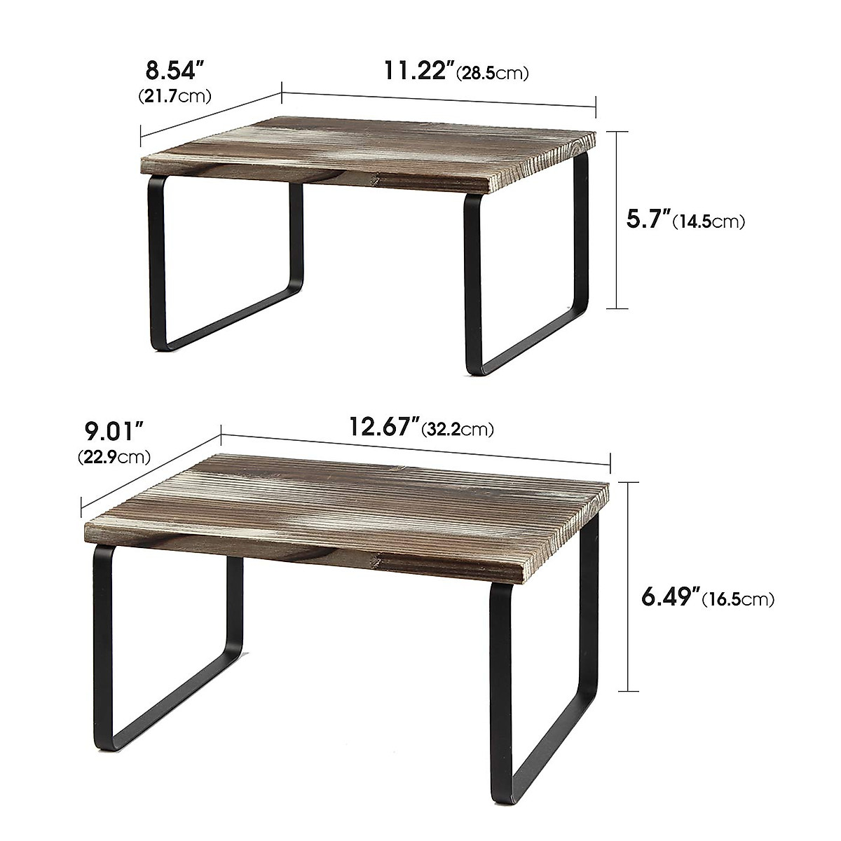 JACKCUBE Design Kitchen Cabinet Shelf Organizer, Countertop Riser, Wood Plate Pantry Shelves Storage, Stackable, Expandable, Metal and Rustic Wood, Set of 2 - MK617A