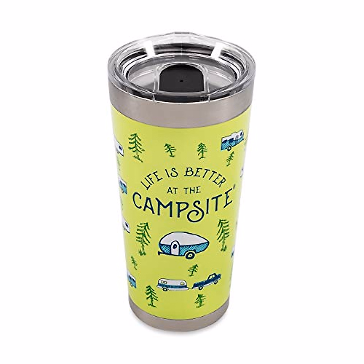 Camco Life is Better at The Campsite 20 oz. Printed Tumbler - Offers Superior Ice and Heat Retention - Features an RV Sketch Pattern on a Green Background (53321)