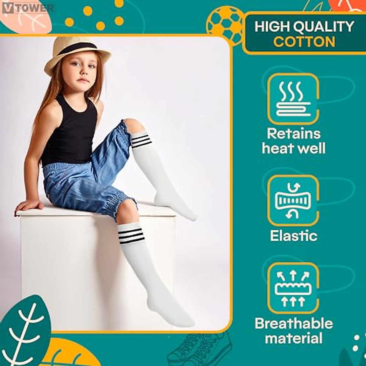 V TOWER 6 Pairs Soccer Socks for Girls Knee High Socks White Soccer Socks Youth Long Socks for Boys Black Socks for Boys 8-10 Years