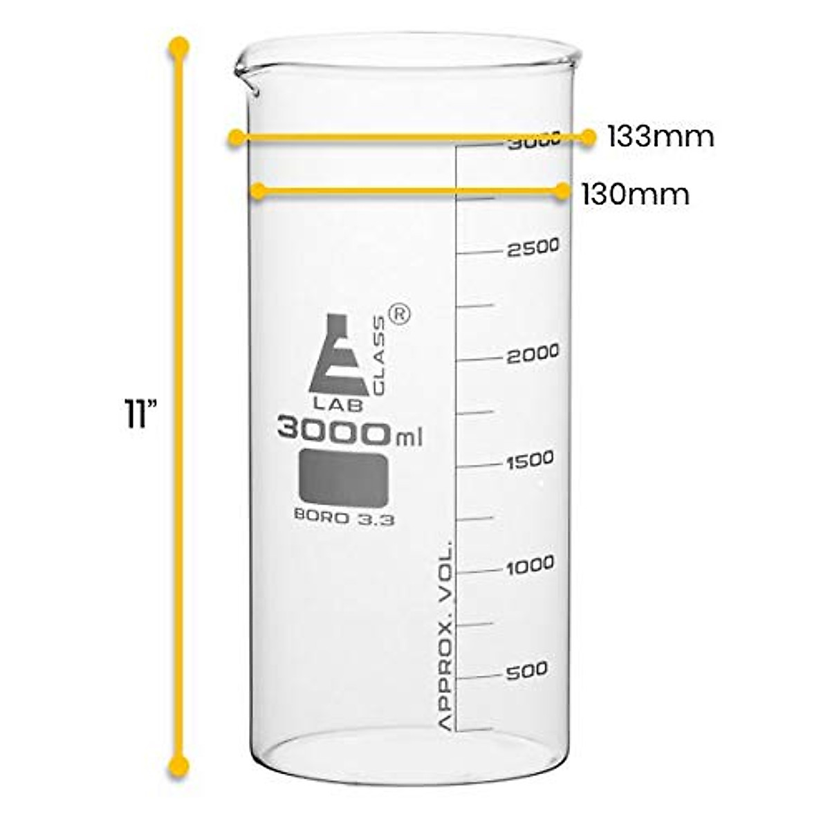 EISCO Beaker, 3000ml - Tall Form with Spout - White, 250ml Graduations - Borosilicate 3.3 Glass