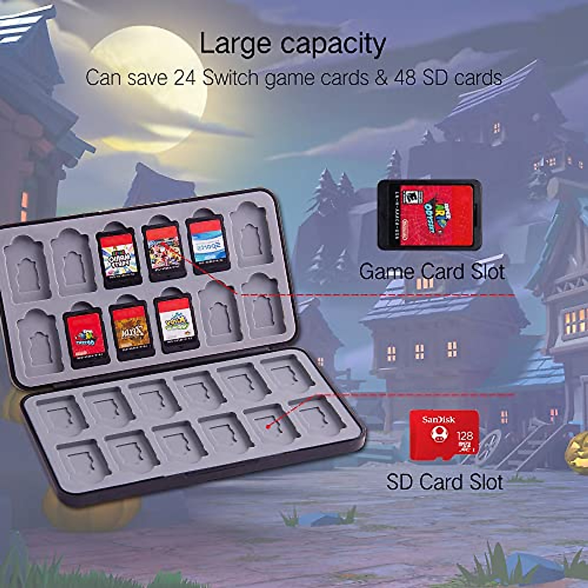 PERFECTSIGHT Cute Game Card Case for Nintendo Switch/Switch Lite/OLED, 24 Game Holder Cartridge Case for Game Cards and 24 SD Cards, Kawaii Portable Compact Storage Box (Halloween)