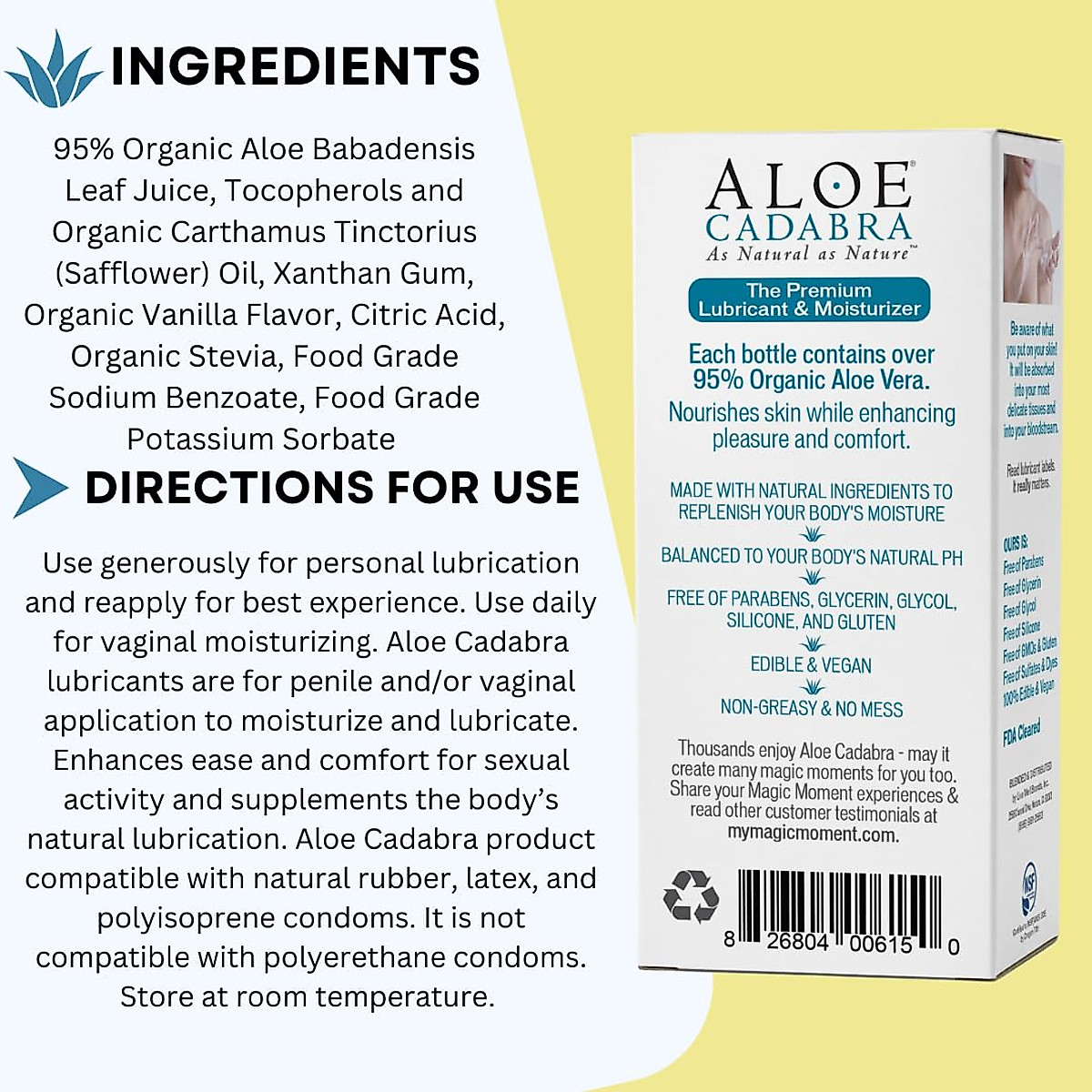 Aloe Cadabra Flavored Personal Lubricant and Vaginal Moisturizer, Organic Edible Aloe Lube for Men, Women and Couples, Non-Staining, pH Balanced, Toy Compatible (Tahitian Vanilla, 2.5 Ounces, 1 Pack)