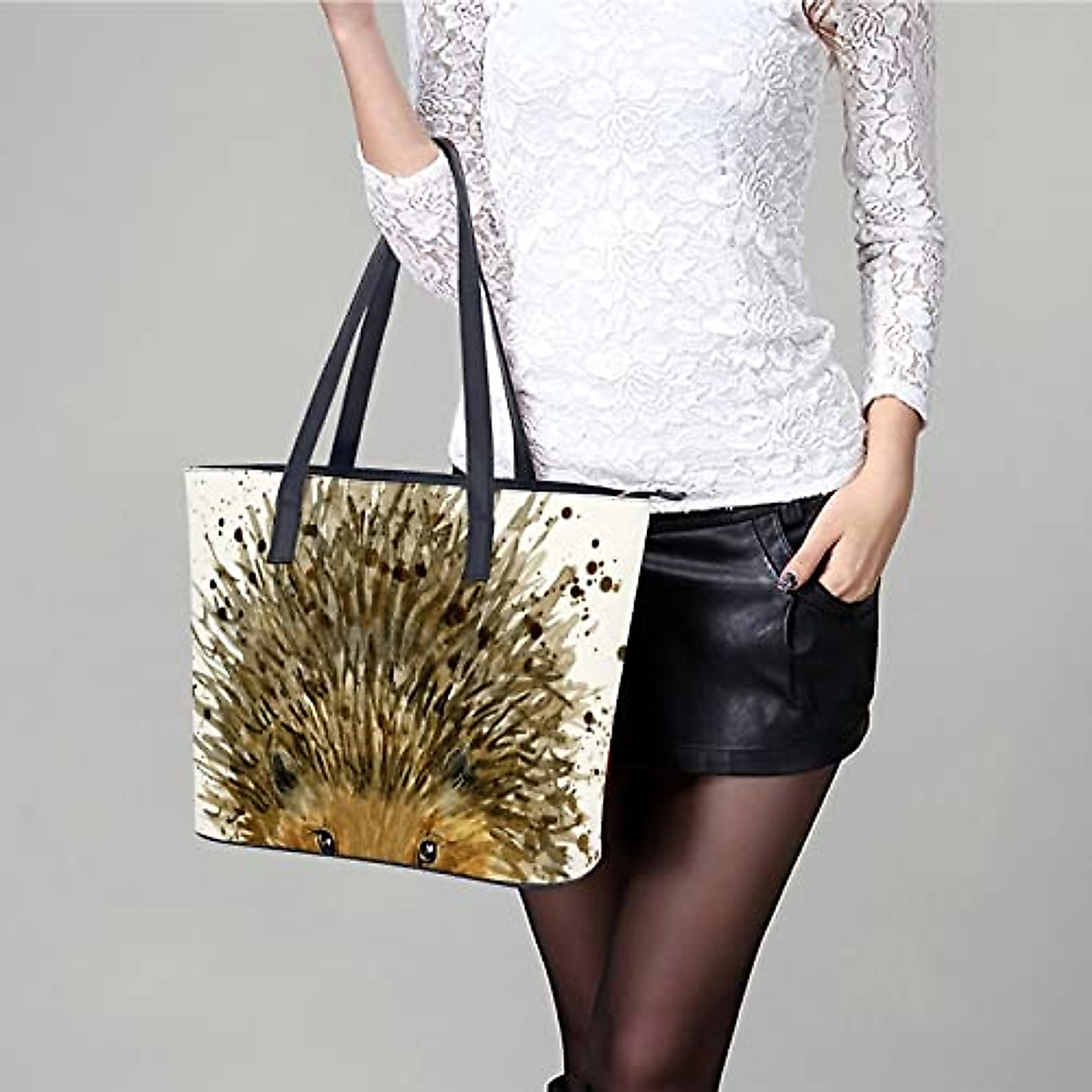 Womens Handbag Hedgehog Leather Tote Bag Top Handle Satchel Bags For Lady