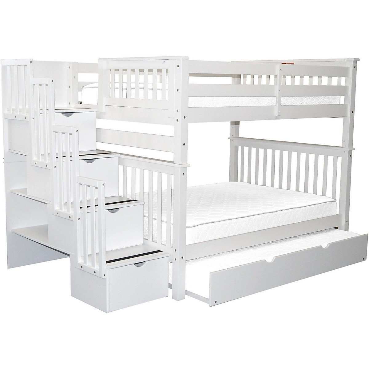 Bedz King Stairway Bunk Beds Full over Full with 4 Drawers in the Steps and a Full Trundle, White