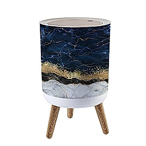 Small Trash Can with Lid Abstract White Blue Marble with Golden Veins Fake Stone Texture Liquid Round Recycle Bin Press Top Dog Proof Wastebasket for Kitchen Bathroom Bedroom Office 7L/1.8 Gallon