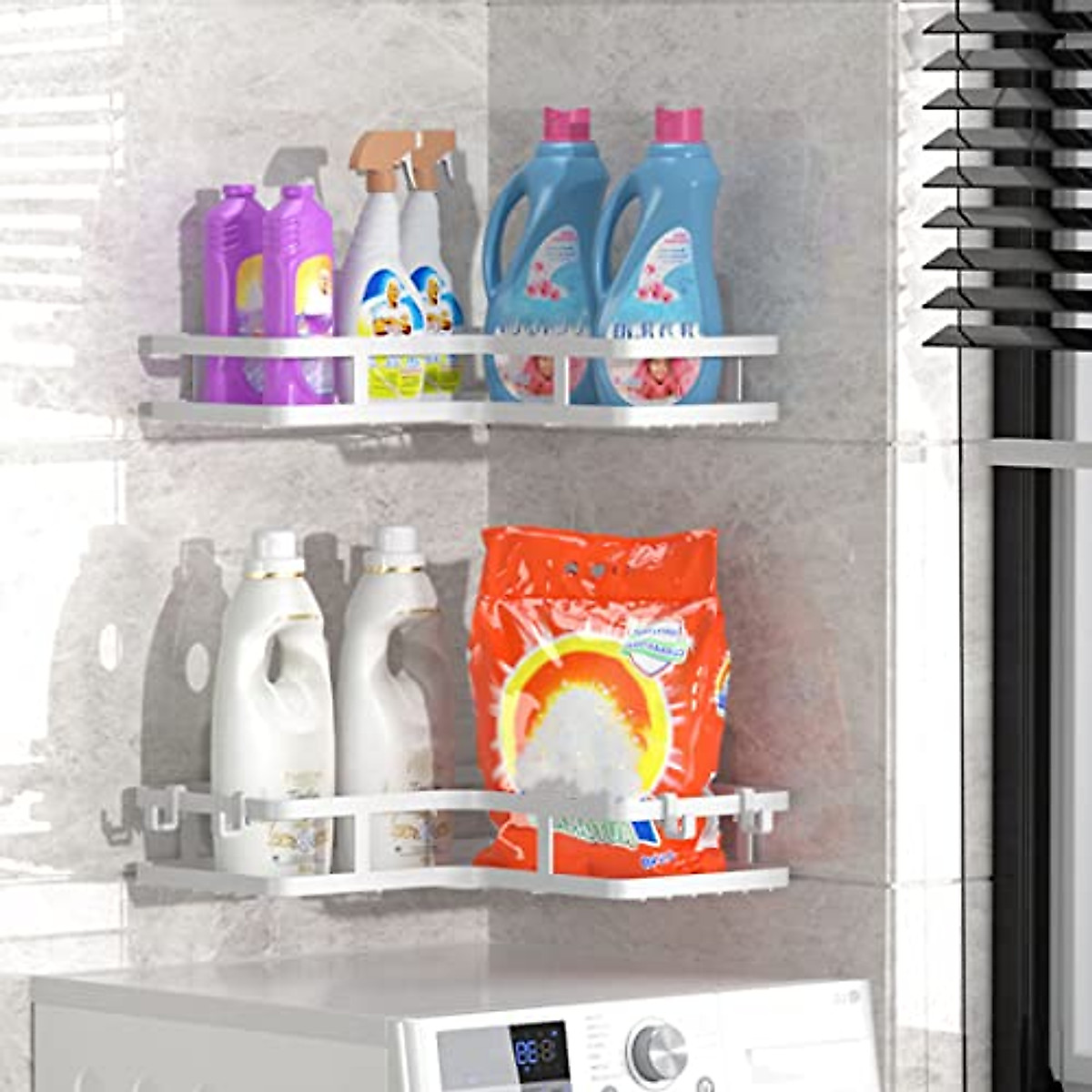 Takeberny 2PCS Corner Bathroom Shower Shelf, no drill corner shower shelf, Stainless Steel Shower Stand with 4 Hooks, Bathroom Stand without Drilled Holes, for Bathroom Storage (White)