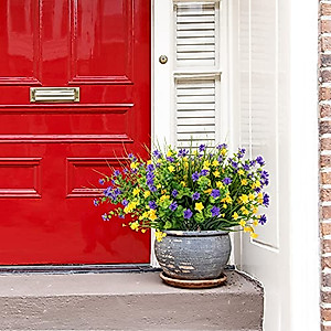 Colovis 9pcs Artificial Flowers Outdoor UV Resistant Fake Plants Greenery Shrubs Faux Plastic Flower in Bulk for Indoor Outside Hanging Planter Porch Cemetery Pots Decoration (Yellow, Purple, Green)