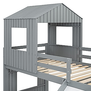 MERITLINE House Bunk Beds with Slide, Twin Over Full Bunk Bed for Kids with Playhouse Design, Wood Toddler Bunk Beds with Roof,Windows and Ladder for Boys or Girls, Gray