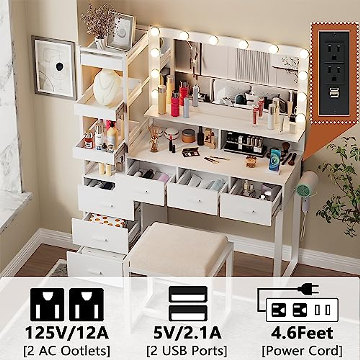 PAKASEPT Makeup Vanity Desk with Mirror and Lights, Vanity Desk with Charging Station, Drawers, Movable Shelves for Makeup, Modern Vanity Table Set with Vanity Stool for Bedroom, White