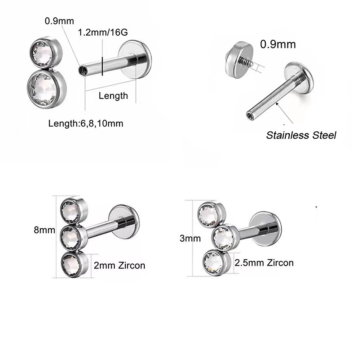 Piercingpops 6PCS 16G Tiny CZ Crystal Labret Piercing Stainless Steel Tragus Helix Lip Monroe Body Piercing Stud (6pcs Crystals Style) (Crystals Style)