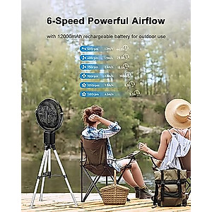 TriPole Oscillating Standing Fan 11” Outdoor Fan for Patios Quiet Pedestal Fan 12000mAh Rechargeable Battery Operated Floor Fan with Remote Control Portable Fan for Bedroom Patio Home Camping Travel