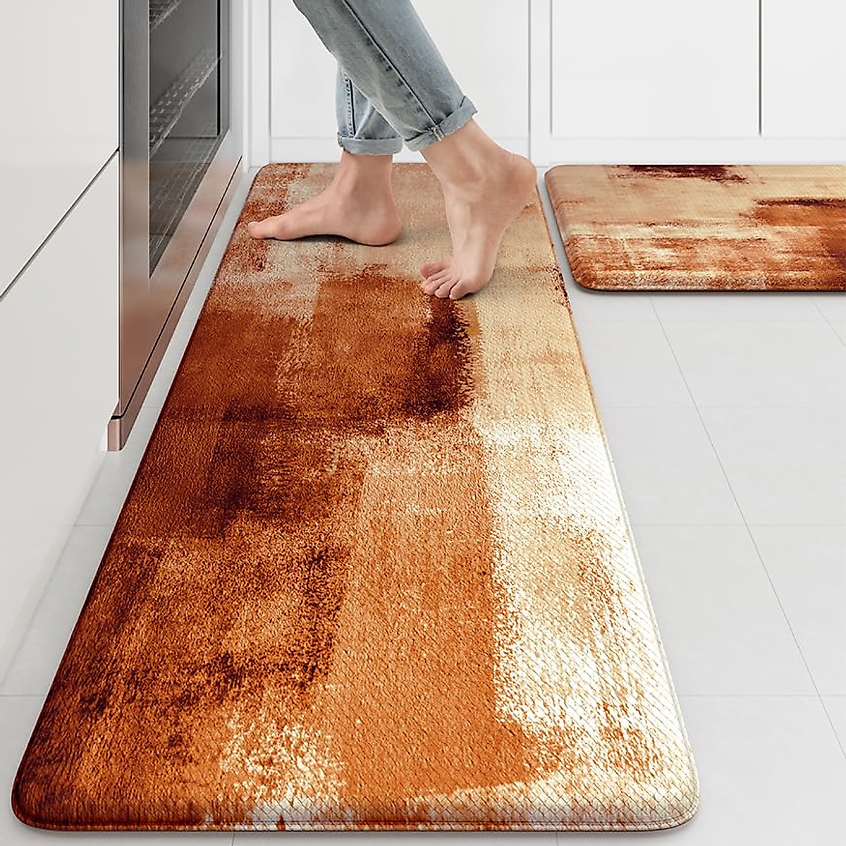 KIMDOE Boho Kitchen Rugs and Mats 2PCS Cushioned Anti Fatigue Kitchen Mat Non-Skid Waterproof Kitchen Runner Rug Ergonomic Comfort Standing Mat for Home Decor,Floors,Office,Laundry,Abstract Orange