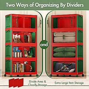 Fangtueh 140GAL Christmas Storage Bins with Lid and Wheels, Large Christmas Storage Totes with Lid, Stackable Christmas Storage Containers for Ornament, Holiday Decoration Red and Green Totes, 4 Pack