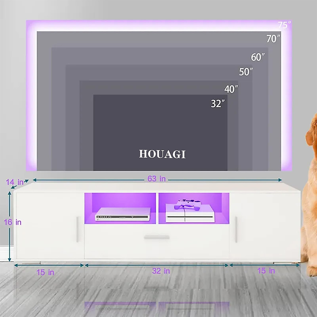 HOUAGI LED TV Stand for TVs up to 70 Inches, Modern Entertainment Center with Storage Drawers,TV Stands for Living Room Bedroom, White