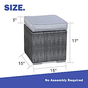 Patiorama 2 Pieces Assembled Outdoor Patio Ottoman, Indoor Outdoor All-Weather Grey Wicker Rattan Outdoor Footstool Footrest Seat with Light Grey Cushions, No Assembly Required