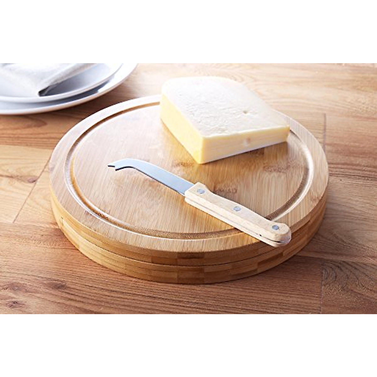 Juvale Cheese Board Set - Charcuterie Board and Cheese Tools, Cheese and Meat Board, Includes 1 Bamboo Cutting Board and 4 Piece Knife Tools, 10.2" x 10.2" x 1.5"