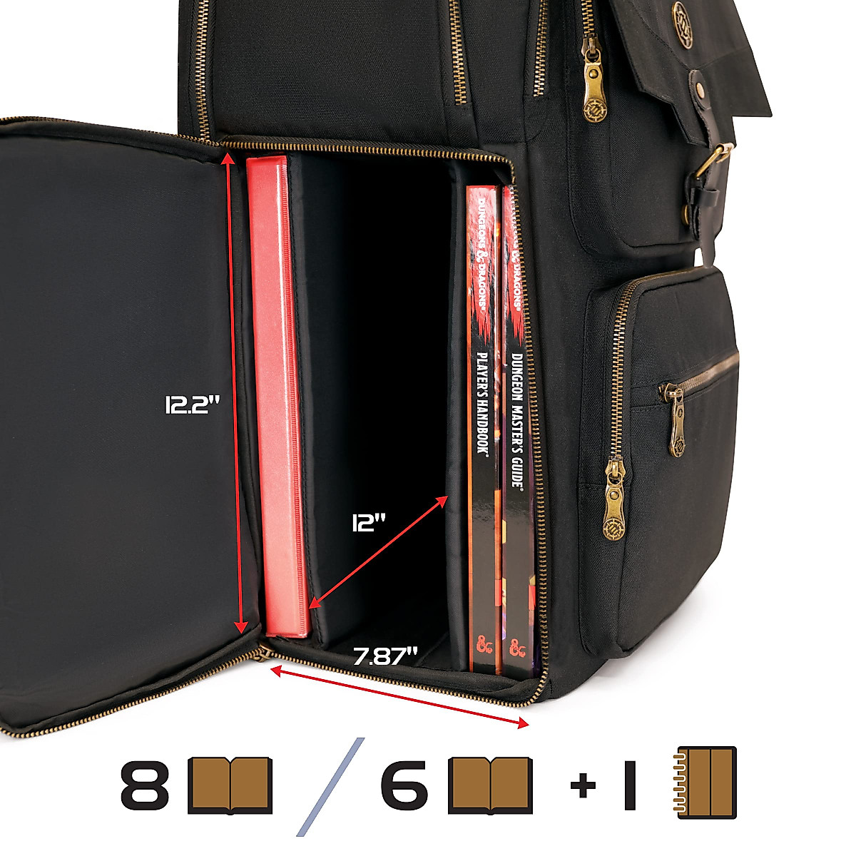 ENHANCE DnD Backpack - RPG DM Bag for Dungeons and Dragons - Travel DnD Bag Organizer fits 6-8 Books Upright, 18" Laptop/DM Screen Slot, Miniature Storage Foam Trays, Accessories Pockets, Map Strap