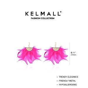 KELMALL Statement Fan Feather Dangling Earrings for Women, Bridal Wedding Party Proms Eye-catching Drop Dangle Earrings- Hot Pink