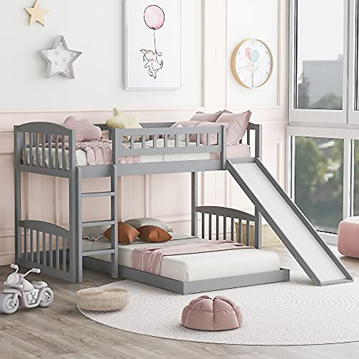 Tidyard Twin Over Twin Bunk Bed with Slide and Ladder, Wood Bed Gray for Bedroom Dorm Guest Room Home Furniture