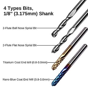 Genmitsu 40pcs End Mills CNC Router Bits, 1/8" Shank CNC Cutter Milling Carving Bit Set Including 2-Flute Flat Nose & Ball Nose, Nano Blue Coat & Titanium Coat, MC40A