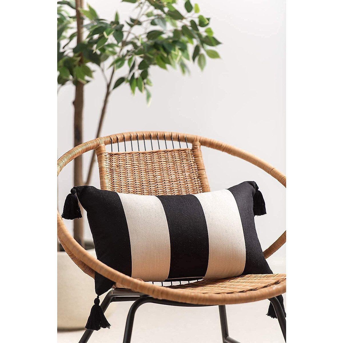 Hofdeco Modern Boho Patio Indoor Outdoor Lumbar Pillow Cover ONLY for Backyard, Couch, Sofa, Black Stripes, 12"x20", Set of 2
