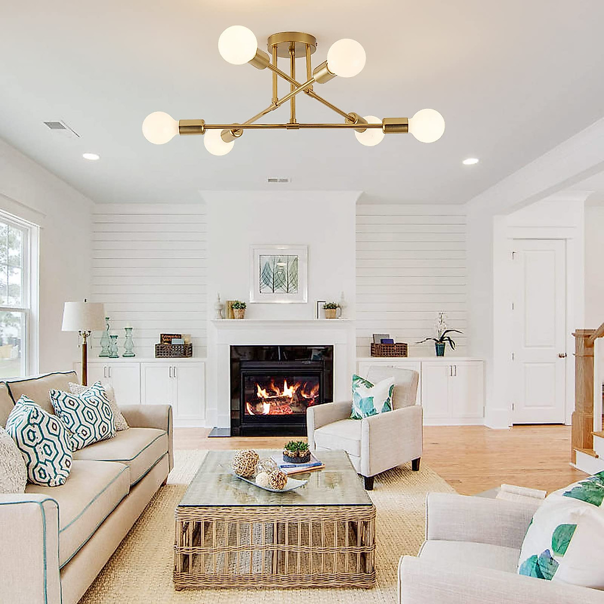 YXTH Semi Flush Mount Ceiling Light Fixture, 6 Lights Modern Sputnik Chandelier Ceiling Lamp with E26 Bulb Base, Light Fixtures Ceiling Mount for Bedroom Kitchen Living Room Hallway (Gold)