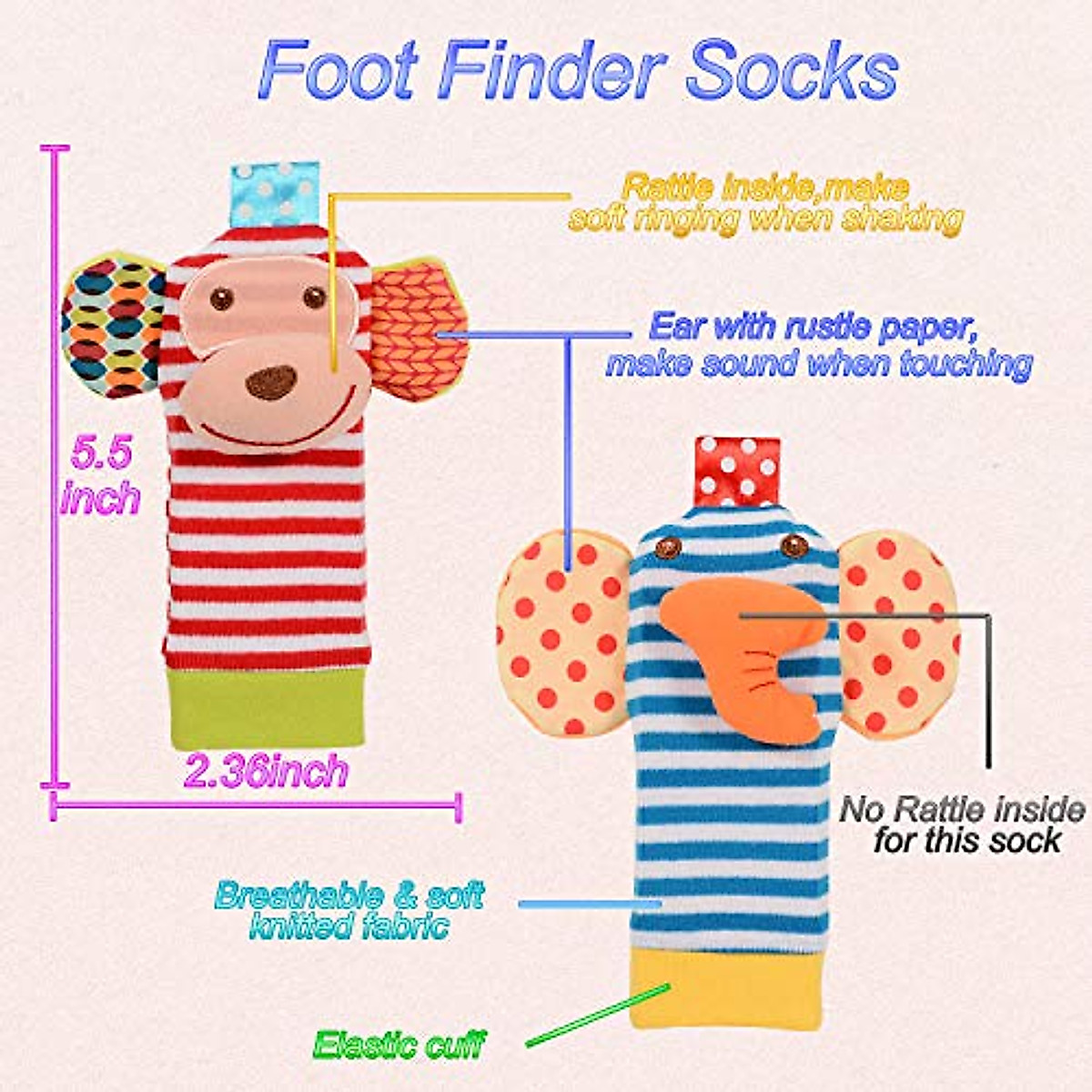 WANTMAZOR Soft Arm Wrist Rattles Foot Finder Ankle Sock for Newborn Baby Boy and GILR Infant Christmas Birthday Present Baby Shower-8PCS