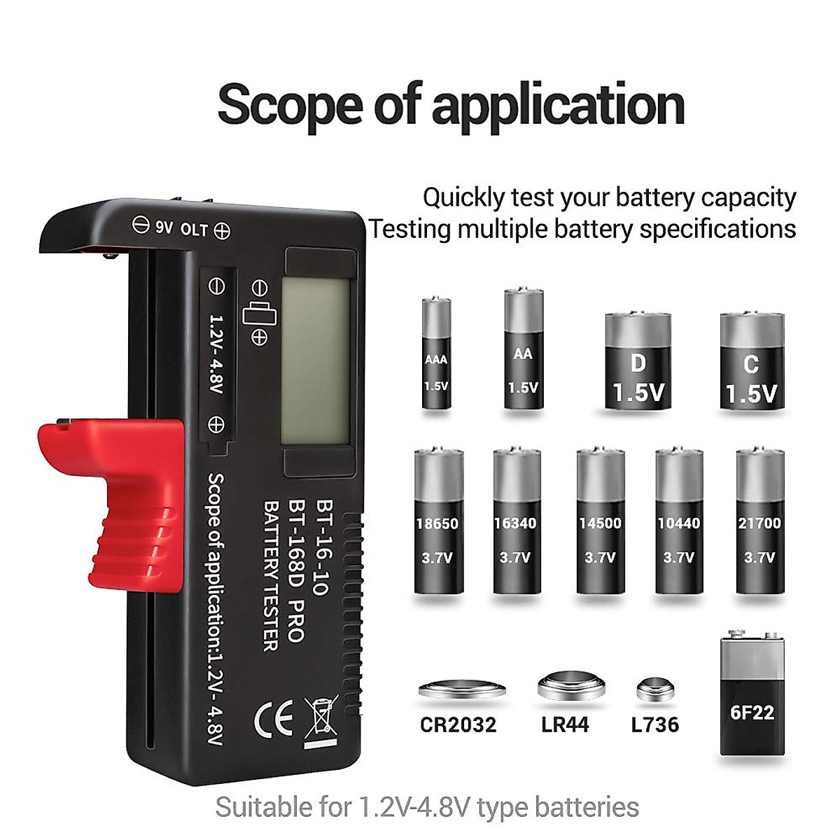 ZffXH Battery Tester 2 PCS for 9V 3.7V 1.5V AA AAA Cell C D 18650 Battery – Easy to Read, Digit Indicates(BT-168 PRO)