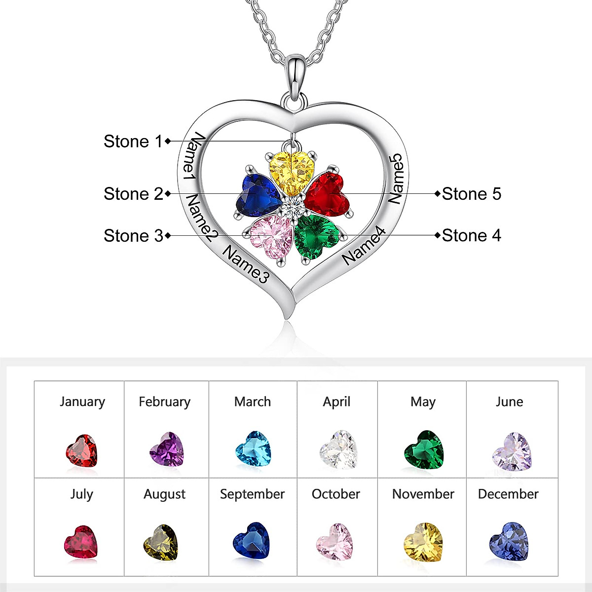 Personalized Names Forever Love Heart Women Necklace with 1-8 Simulated Birthstone Pendant Necklaces for Grandma Family Promise Jewelry Birthday Gift for Her Mom Wife (5 stones)
