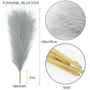 Faux Pampas Grass 6 Stems Small Artificial Pampas Grass 18'' No-Shedding Short Fake Pampas Grass Pompass Fluffy Plants Boho Decor for Centrepiece Living Room Home Office Wedding, No Vase (Grey)