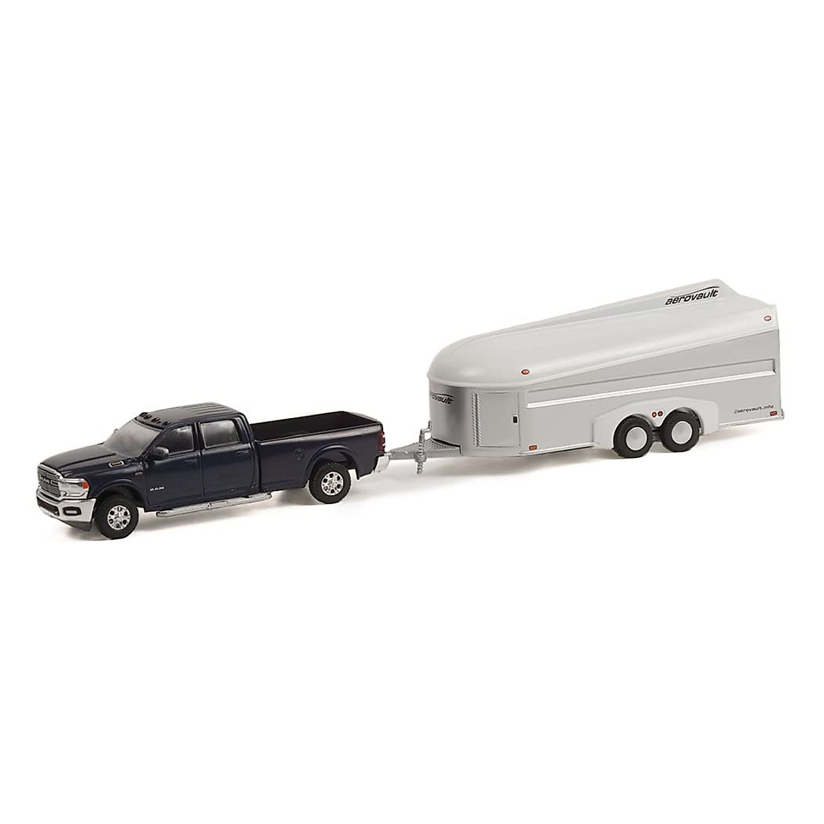 Greenlight 32240-D Hitch & Tow Series 24 - 2021 Ram 3500 Laramie Crew Cab in Maximum Steel Metallic Clear with Aerovault MKII Trailer in White and Bare Aluminum 1/64 Scale