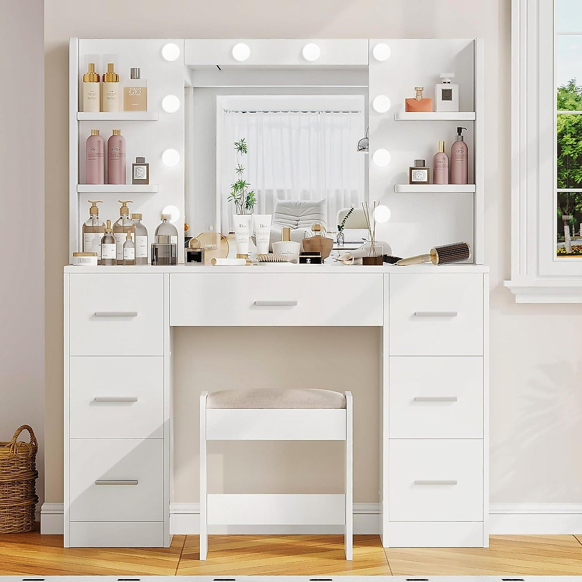 Irontar Vanity Table with Stool, Vanity Desk with 10 LED Lights & 7 Metal Sliding Drawers, Brightness Adjustable, Makeup Vanity with Open Shelves, Dressing Table Set for Women, White WDT005WD