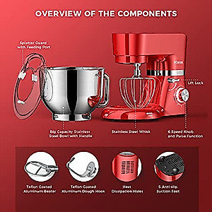 Stand Mixer, POWWA 7.5 QT Electric Mixer, 6+P Speed 660W Household Tilt-Head Kitchen Food Mixers with Whisk, Dough Hook, Mixing Beater & Splash Guard for Baking, Cake, Cookie, Kneading, ETL Certified (Red-with Handle)