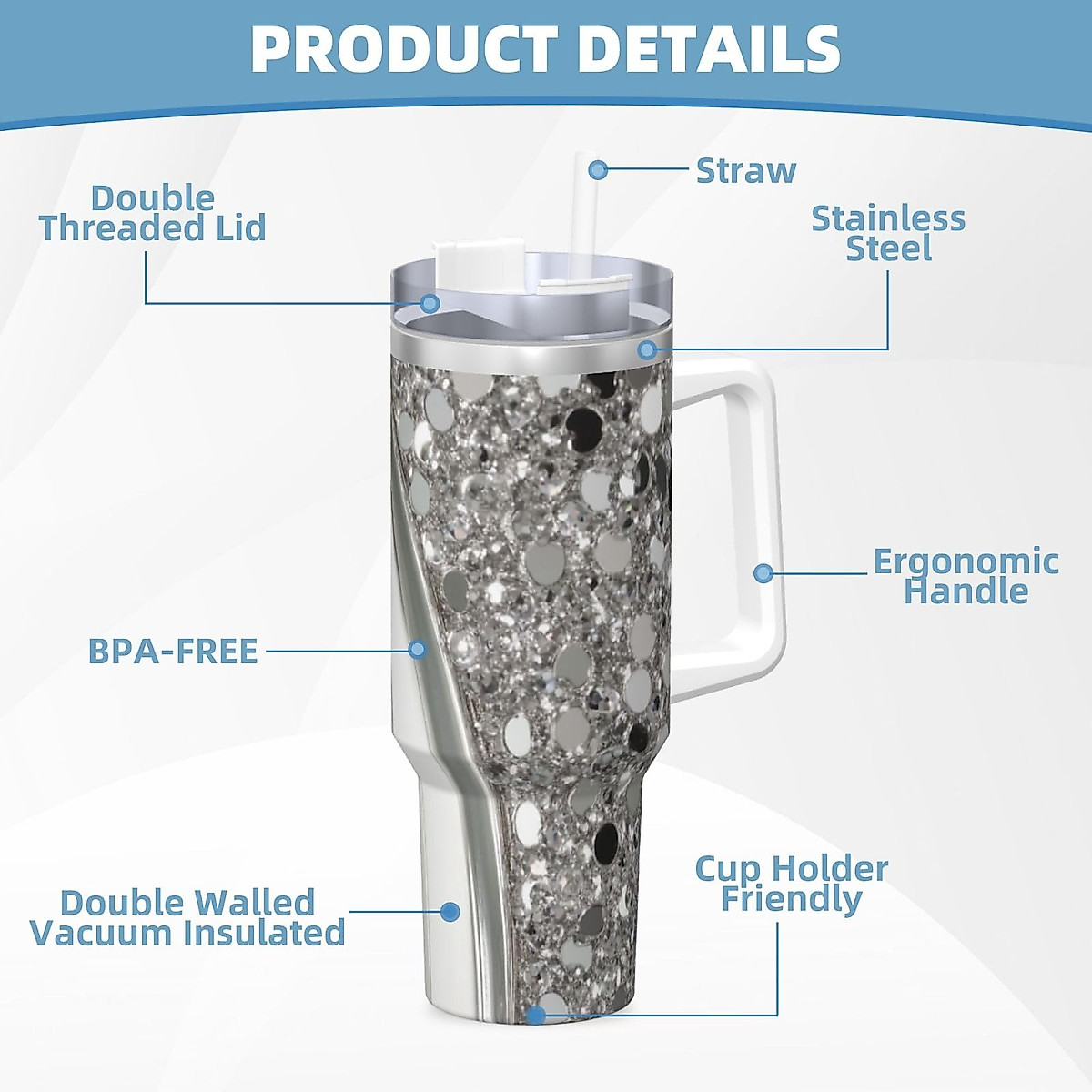 Zsuugj Silver Sparkle Glam Bling 40 Oz Tumbler With Handle And Straw Lid Car Cup Stainless Steel Water Bottles Insulated Coffee Cup Travel Mug Gifts For Men Women