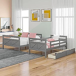 Twin Over Full Bunk Bed with Storage Drawers, Solid Wood Bunk Bed Frame for Kids, Teens, Adults (Gray)