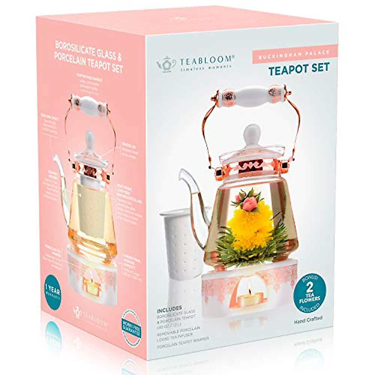 Teabloom Buckingham Palace Teapot & Flowering Tea Gift Set (6 Pieces) - Stovetop Safe Glass Teapot (40 OZ / 1.2 L / 4-5 CUPS), Porcelain Lid, Tea Warmer, Loose Tea Infuser, 2 Gourmet Rose Tea Flowers