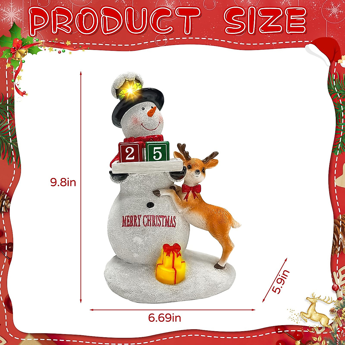 Kaezuy Christmas Snowman Decorations Indoor, 9.8'' Light Up Snowman and Reindeer Resin Figurine for Home Christmas Centerpieces Tabletop Winter Decor Xmas Gift
