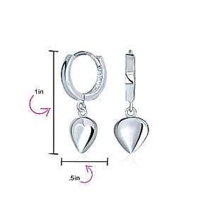 Romantic Love Dangle Charm Puff Heart Shaped Huggie Mini Hoop Earrings For Women Teens .925 Sterling Silver