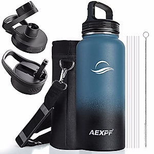 AEXPF 40 oz Insulated Water Bottle, Stainless Steel Vacuum Sports Water Bottle with 3 Lids, Durable Leakproof Metal Thermos, BPA-free Water Flask Jug with Strap for Gym Camping, Indigo Black Gradient
