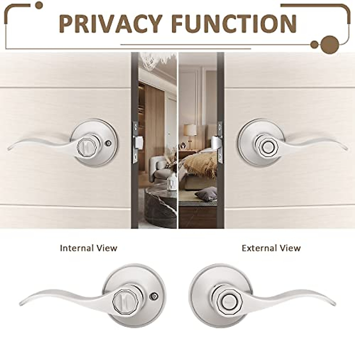 Probrico (1 Pack)Privacy Door Lever[Thumb Turn Lock on The Inside],Locking Door Handle Set for Bedroom & Bathroom Doors,Keyless Satin Nickel Finish Wave Door Lock, Reversible Right & Left Side Handed