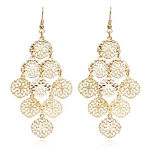 Boho Geometric Filigree Rhombus Shape Tiered Dangle Drop Statement Earrings (SHINE GOLD)